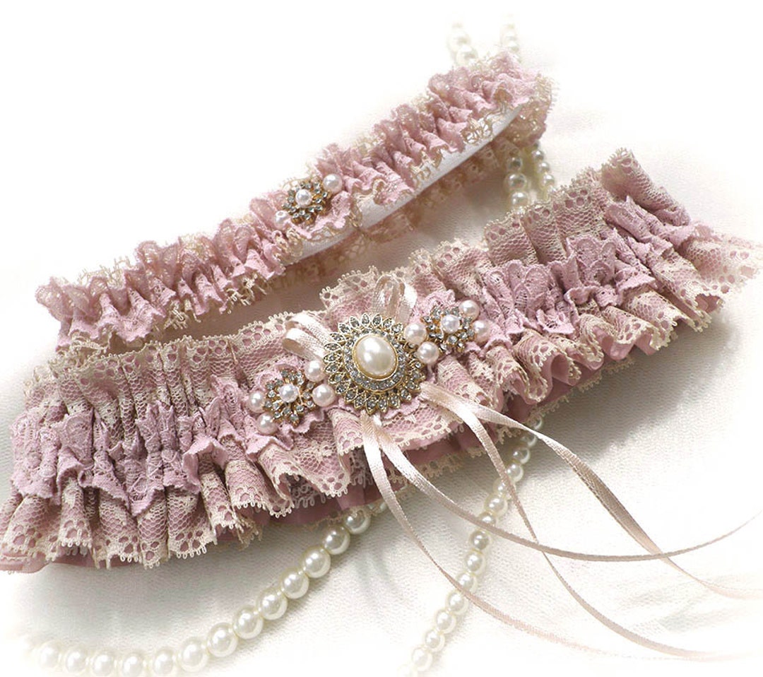 Personalised Dusky Pink & Champagne Nude Lace Garters Set Wedding ...