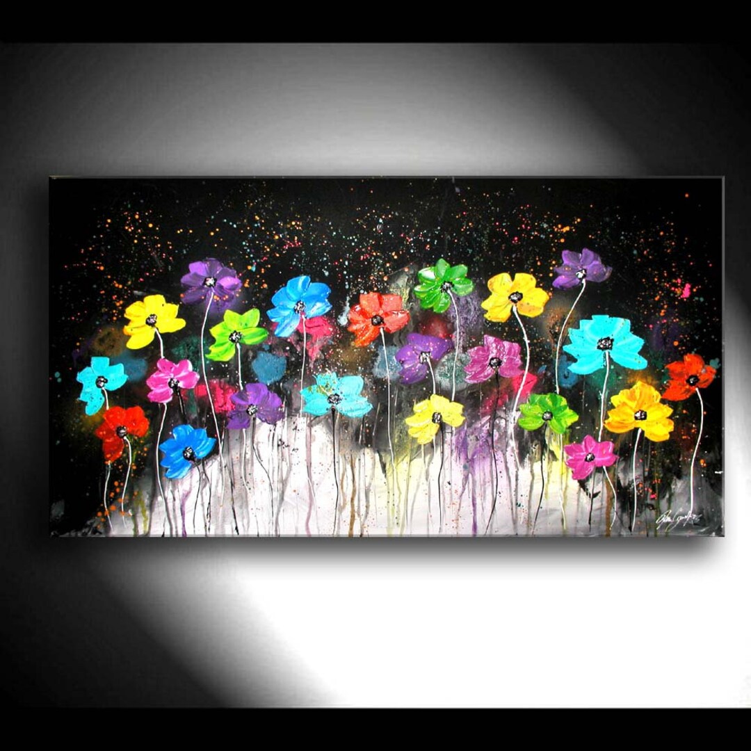 Jean Sanders 120x60cm-bunt Abstrakt-blumen Auf Schwarz - Etsy