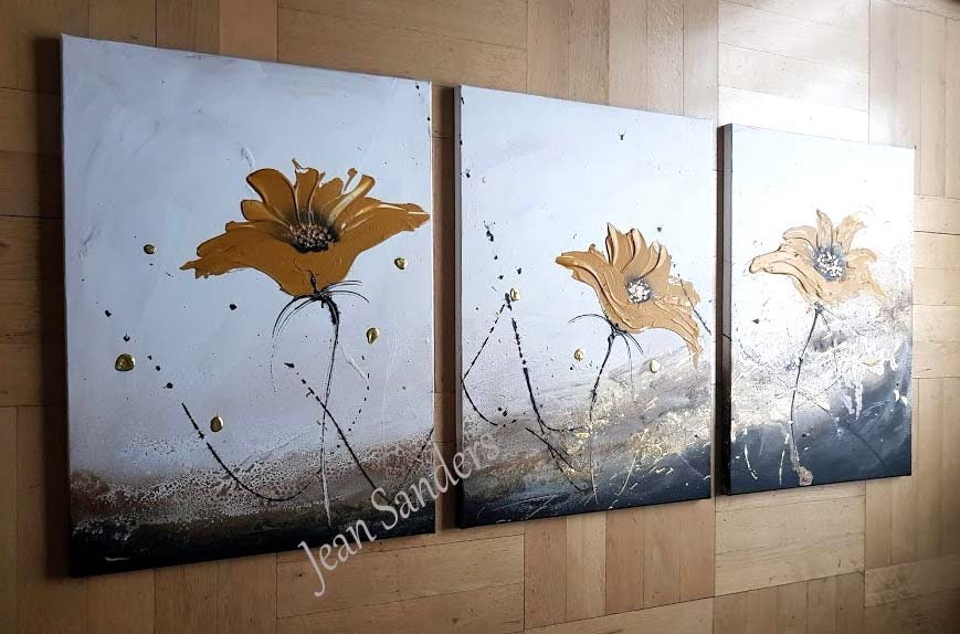 JEAN SANDERS - 3 teiliges Bild, Blumen abstrakt - warme Farben. tolle ...