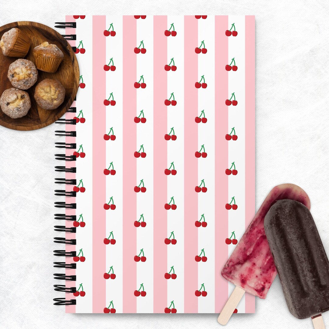 Spiral Notebook, Cherry Theme Notebook, Cherry Striped Notebook ...