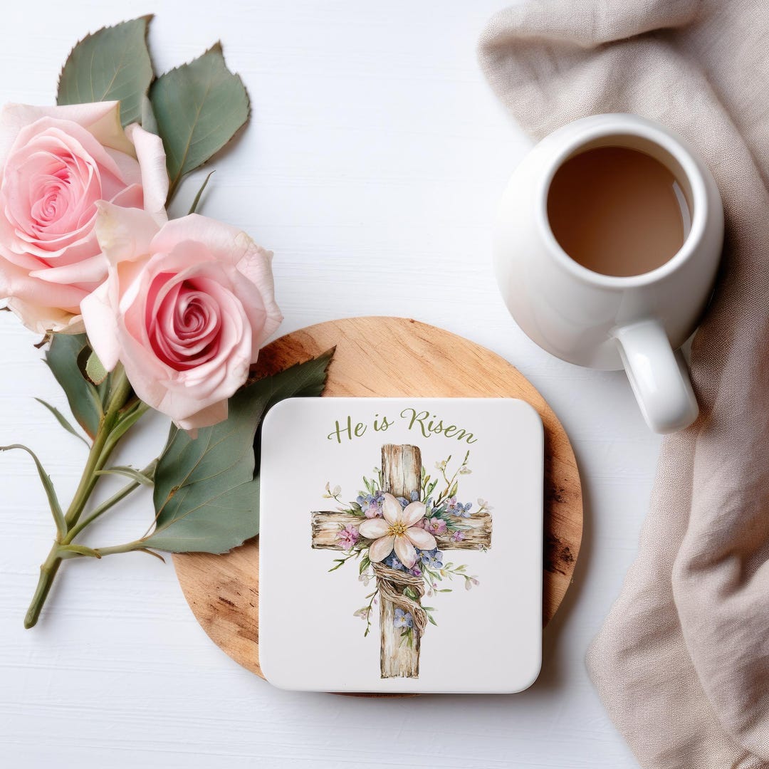 Coasters, Easter Cross Floral Design, He is Risen Coaster Set ...