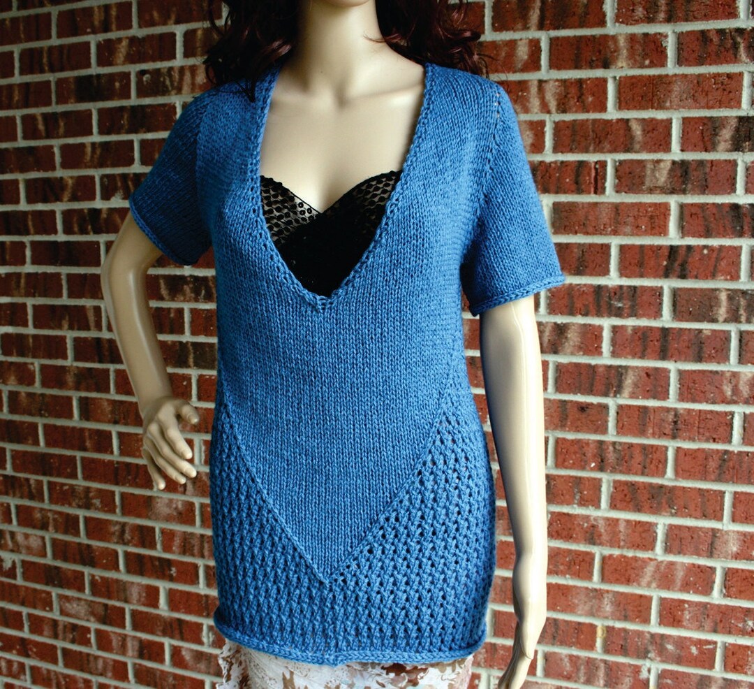 Hip Hugging Hand Knitted Sweater in Blue. Elongated V-neck and Short ...