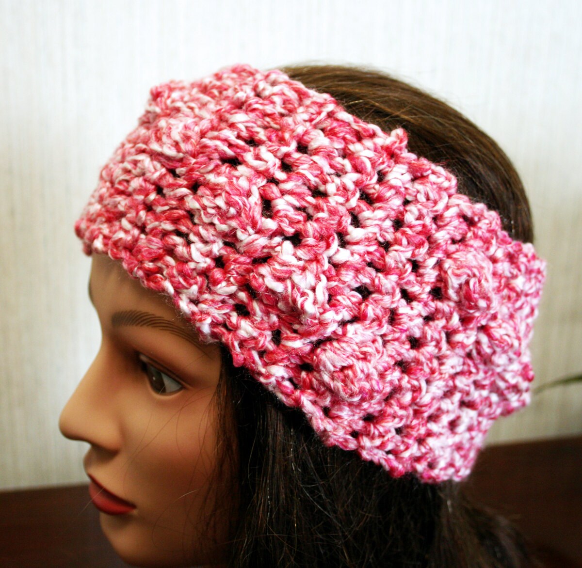 Hand Crocheted Ear Warmer or Head Band Variegated Colors of Red Pinks ...