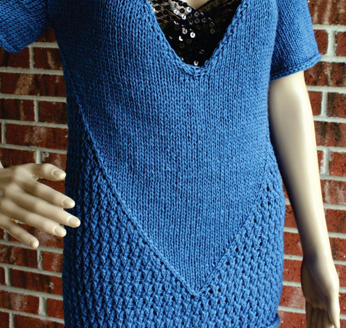 Hip Hugging Hand Knitted Sweater in Blue. Elongated V-neck and Short ...