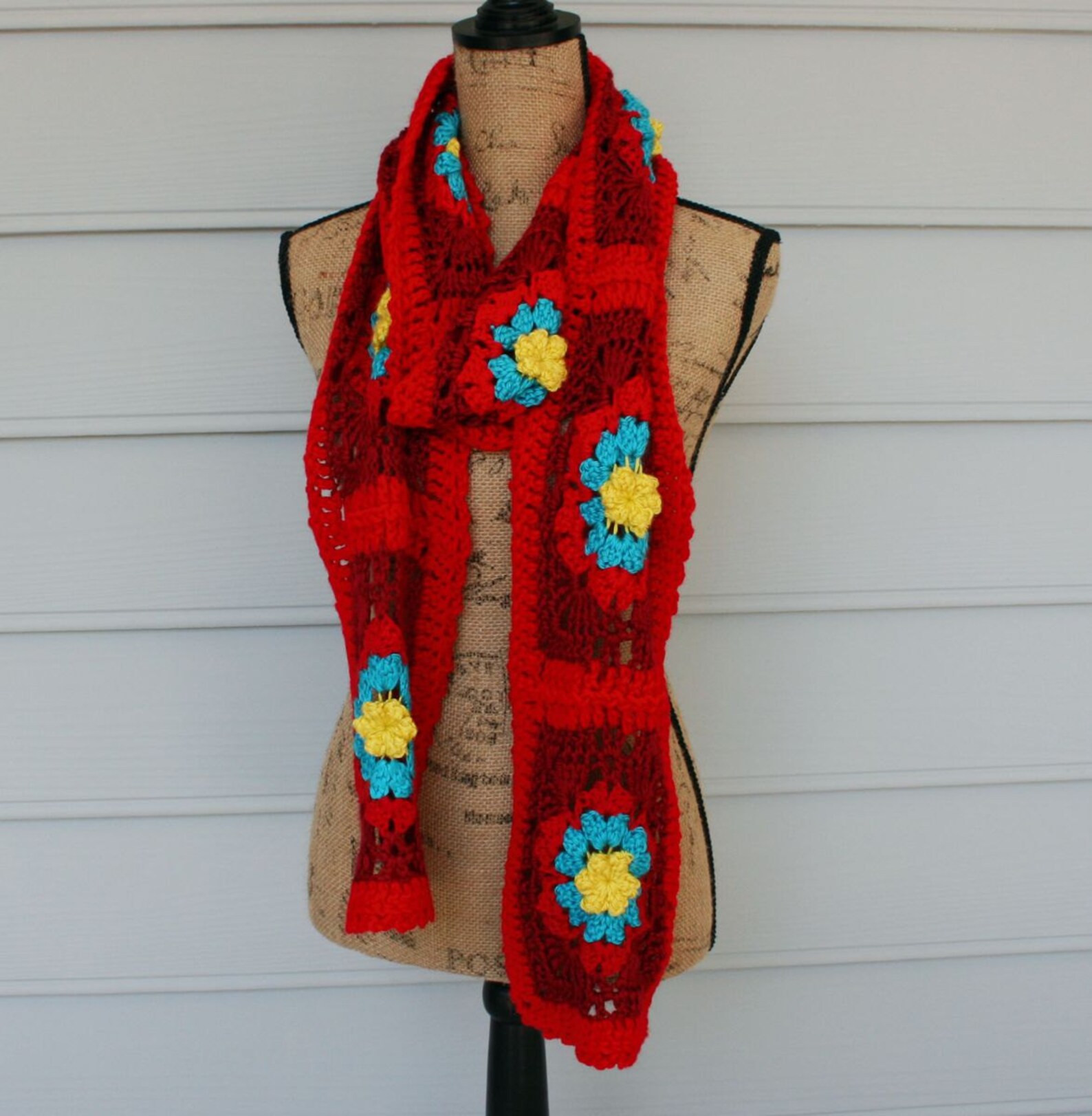 Hand Crocheted Long Scarf. Red Dominates With Turquoise and Yellow ...