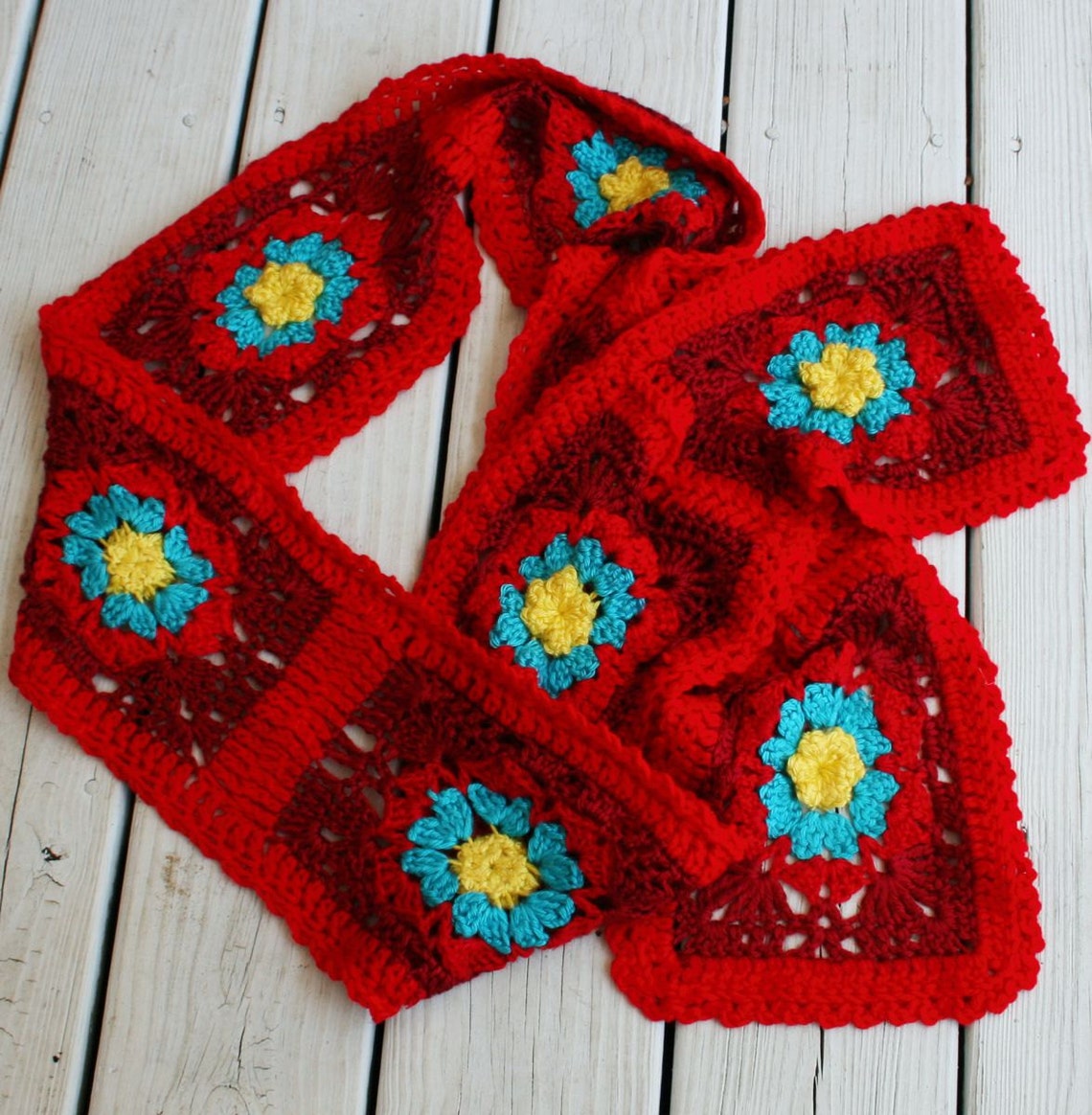 Hand Crocheted Long Scarf. Red Dominates With Turquoise and Yellow ...