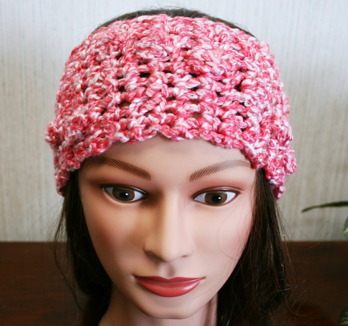 Hand Crocheted Ear Warmer or Head Band Variegated Colors of Red Pinks ...