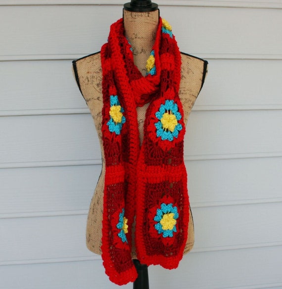Hand Crocheted Long Scarf. Red Dominates With Turquoise and | Etsy