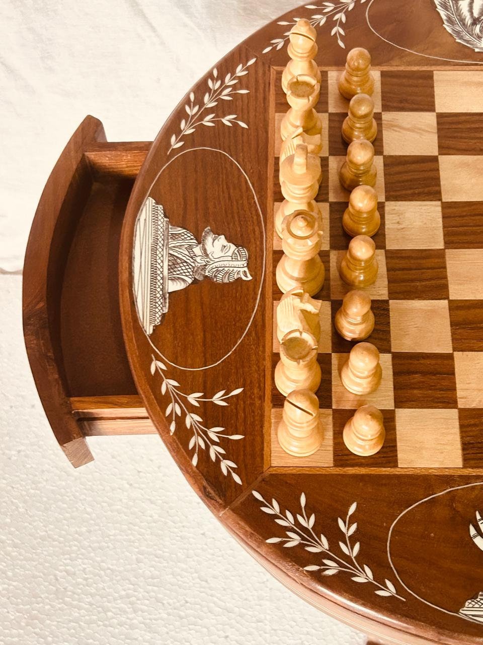 Wood Round Inlay Chess Table With Drawers and Coins in Natural Wood ...
