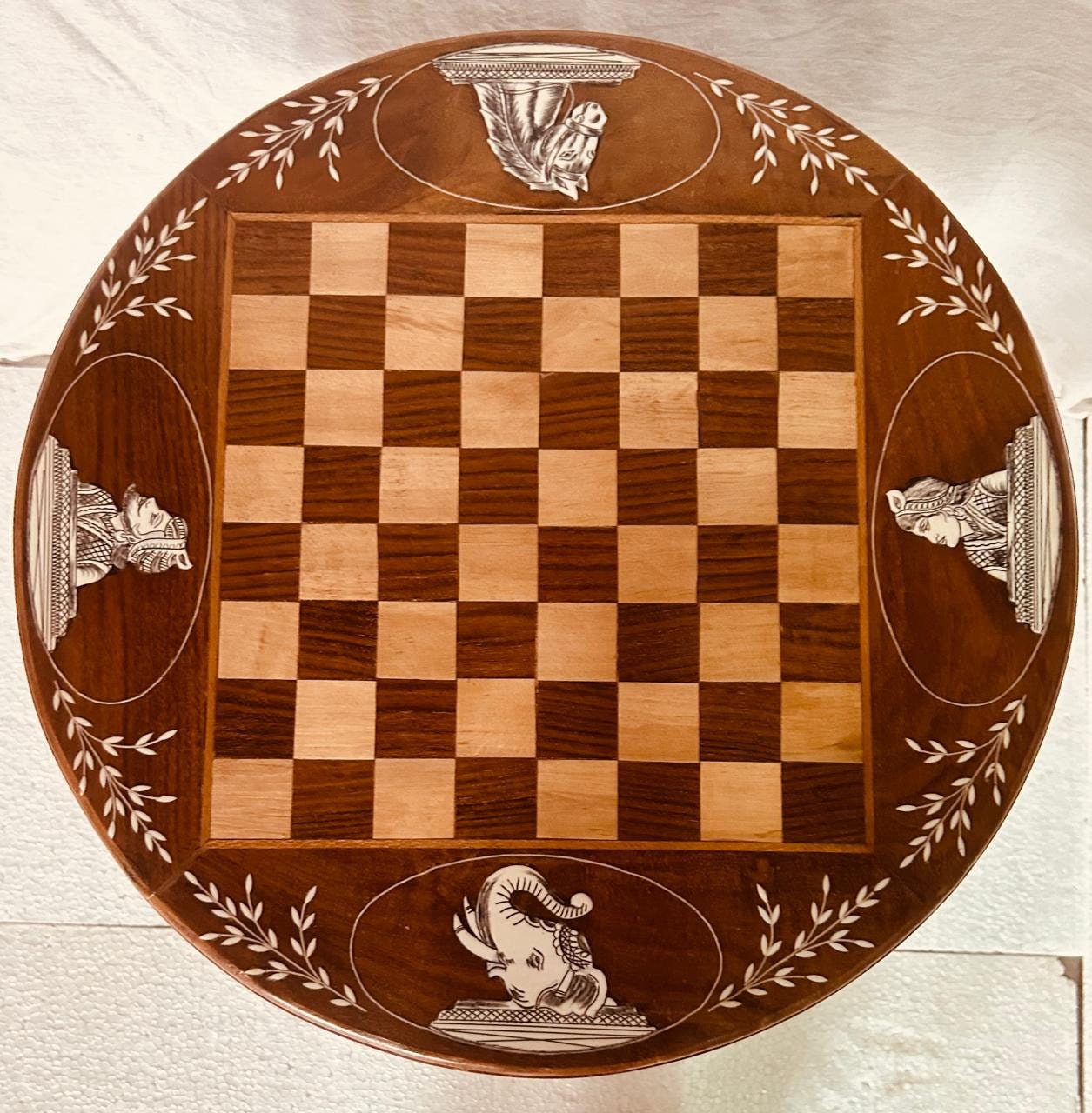 Wood Round Inlay Chess Table With Drawers and Coins in Natural Wood ...