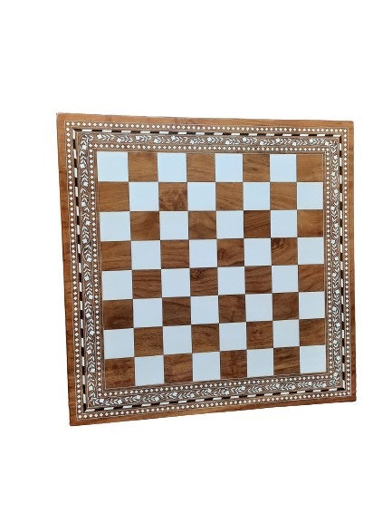 Handmade Inlaid Chess Table With Natural Wood & Pearl White Inlay ...