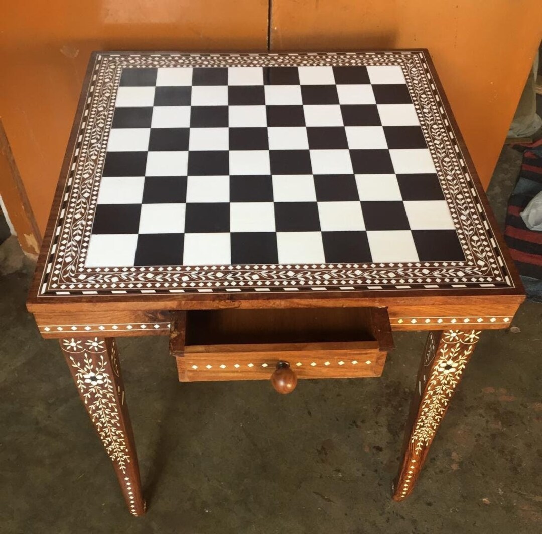 Handmade Chess Table in Black and Pearl White Inlay With Drawer Square ...