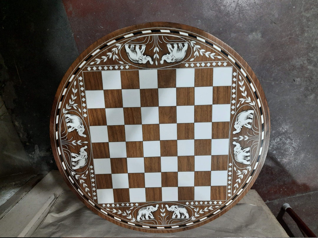 Round Chess Table in Pearl White Inlay and Natural Wood - Custom Sizes ...