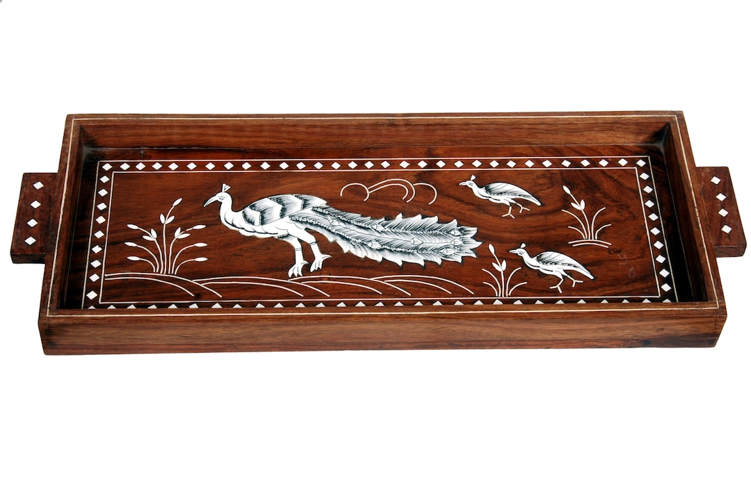 Handmade Wood Inlay Serving Tray With Handles, Pearl White Inlay ...