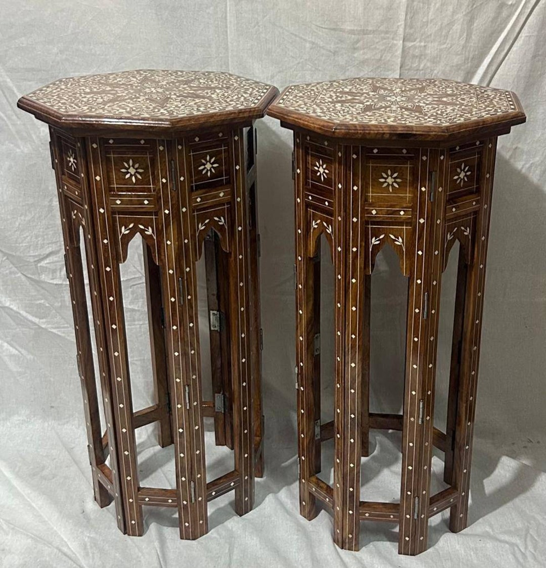 Antique Finish Bone Inlay Side Tables or Inlaid Bedside Tables (set of ...