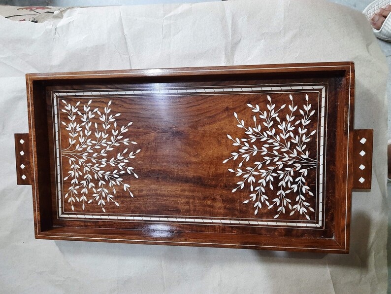 Handcrafted Wooden Serving Tray With Elegant Inlay Design - Etsy