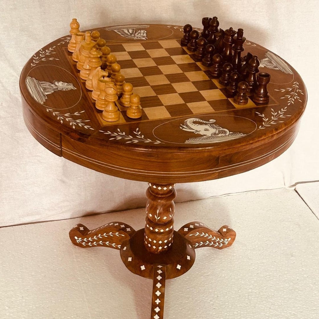 Wood Round Inlay Chess Table With Drawers and Coins in Natural Wood ...
