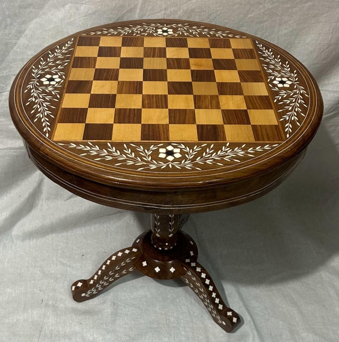 Handmade Round Chess Table in Natural Inlay Wood - Custom Sizes ...