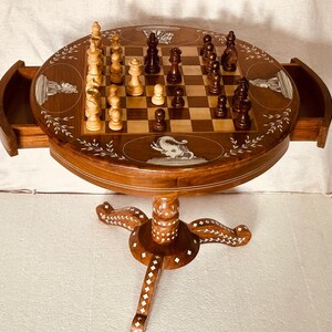 Wood Round Inlay Chess Table With Drawers and Coins in Natural Wood ...