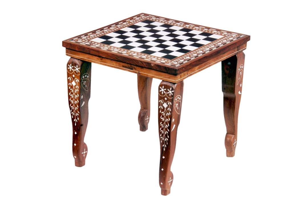 Wood Square Chess Table With Black & Pearl White Inlay - Custom Sizes ...