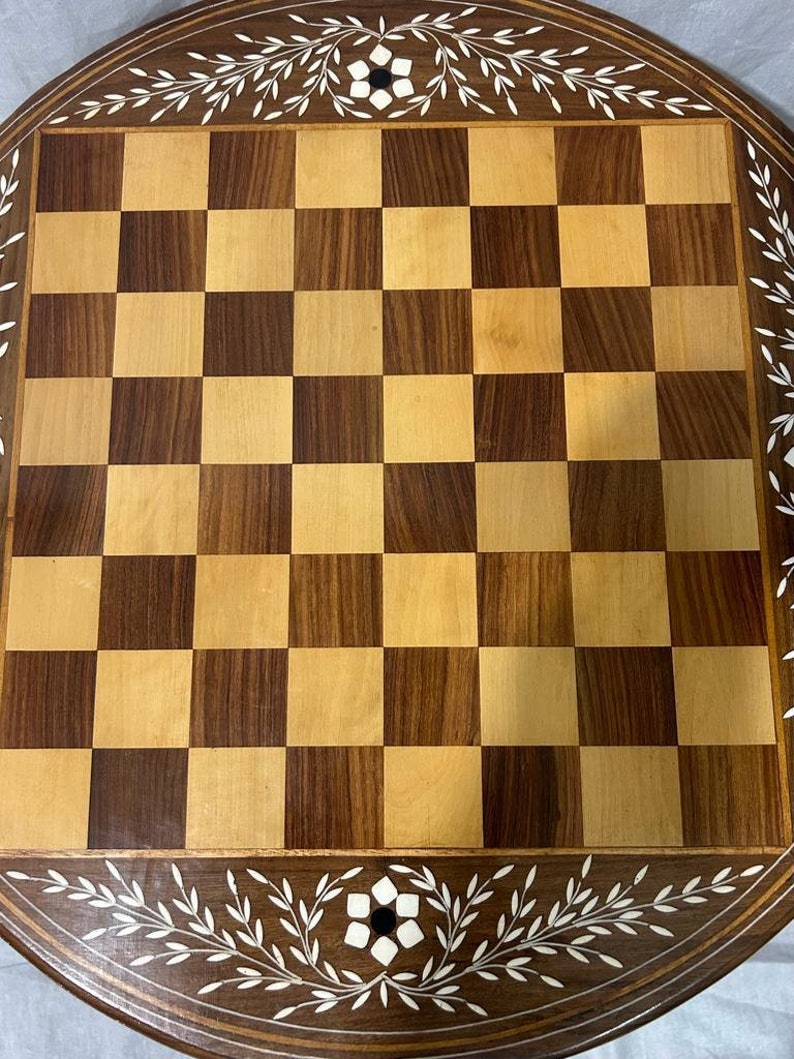 Handmade Round Chess Table in Natural Inlay Wood - Custom Sizes ...