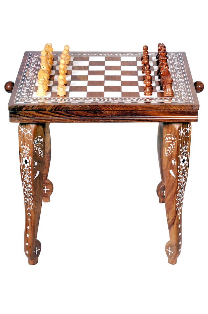 Custom-made Inlay Chess Table With 2 Drawers and Coins Wooden Chess ...
