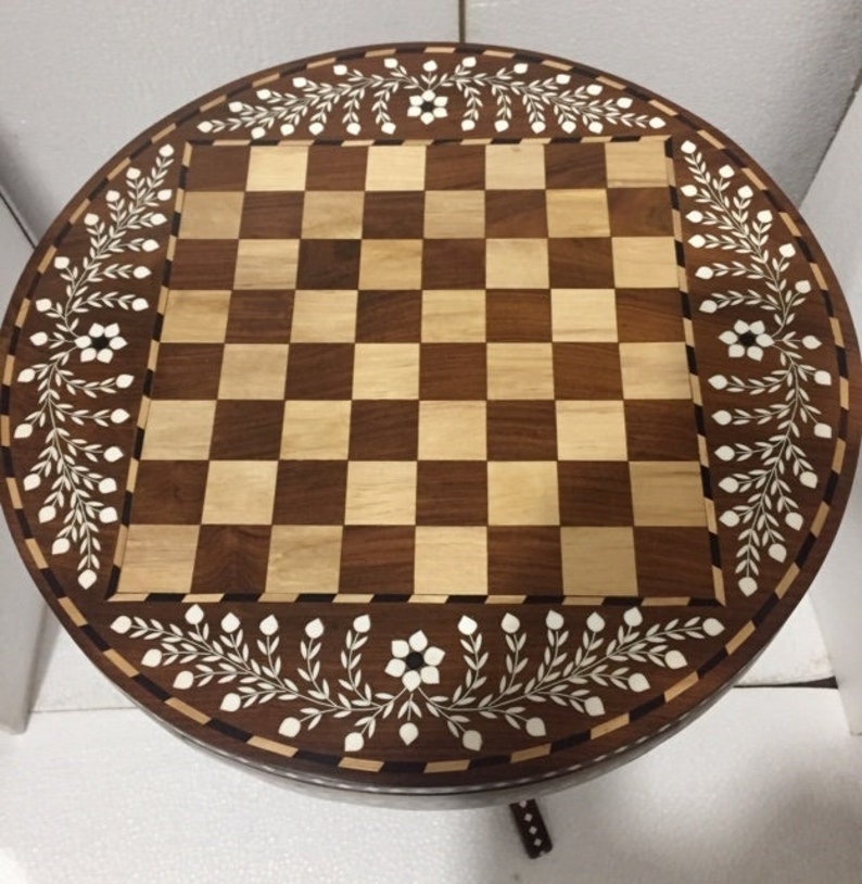 Handmade Round Chess Table in Natural Inlay Wood - Custom Sizes ...