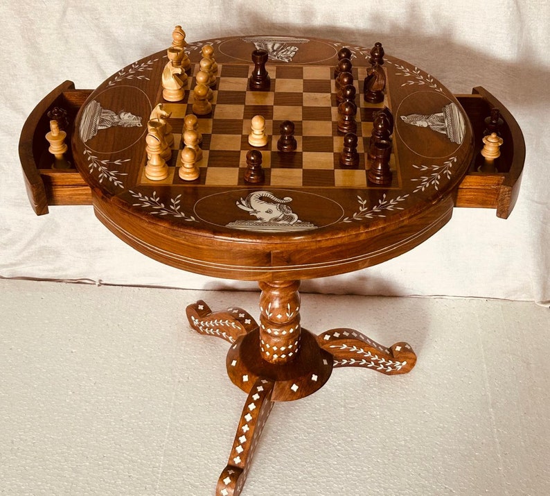 Bespoke Handmade Inlay Wood Chess Table With Drawers & Coins | IMPORT ...