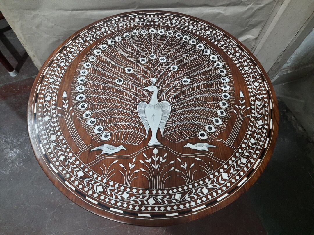 Handmade Inlaid Wood Side Table | Peacock Accent Table - Etsy
