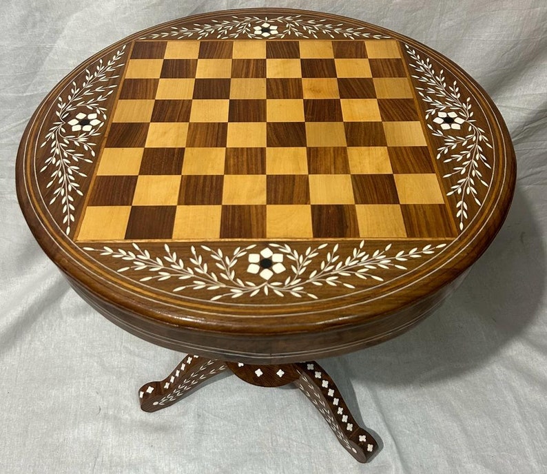 Handmade Round Chess Table in Natural Inlay Wood - Custom Sizes ...