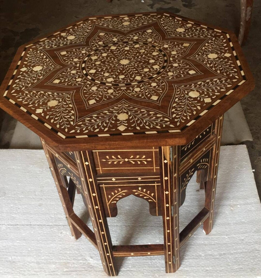 Bone Inlay Side Table With Antique Finish, Bone Inlaid Bedside Table ...