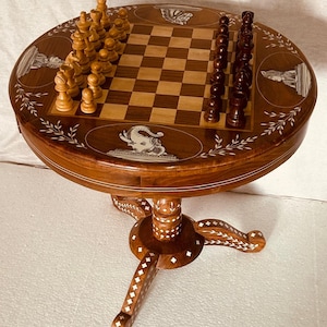 Wood Round Inlay Chess Table With Drawers and Coins in Natural Wood ...