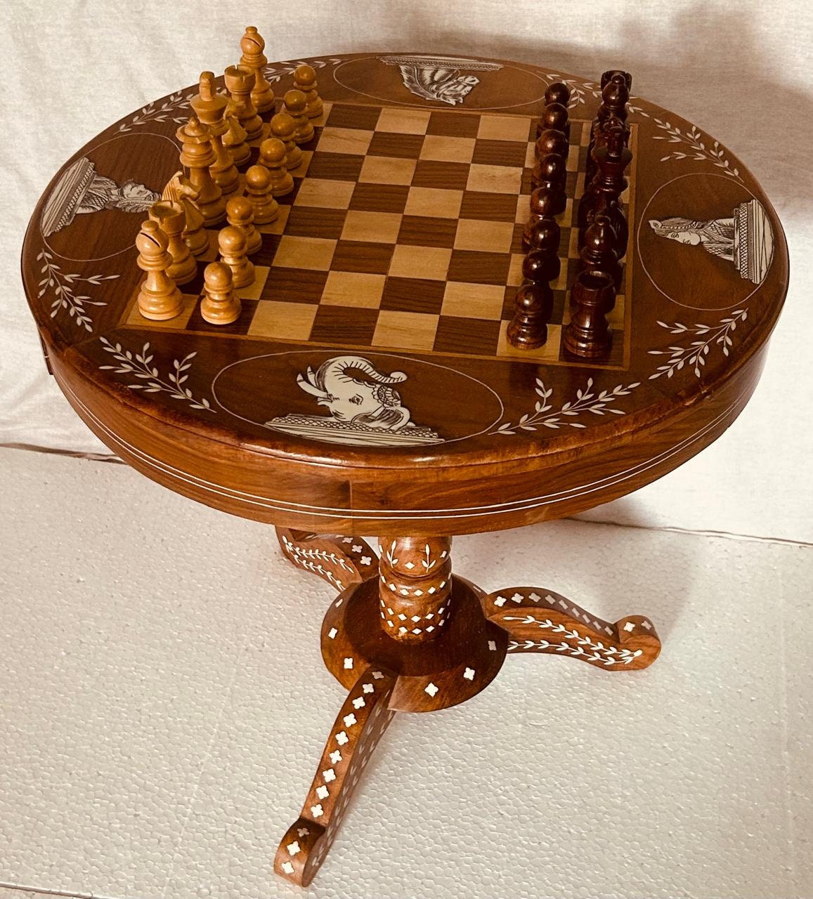 Wood Round Inlay Chess Table With Drawers and Coins in Natural Wood ...