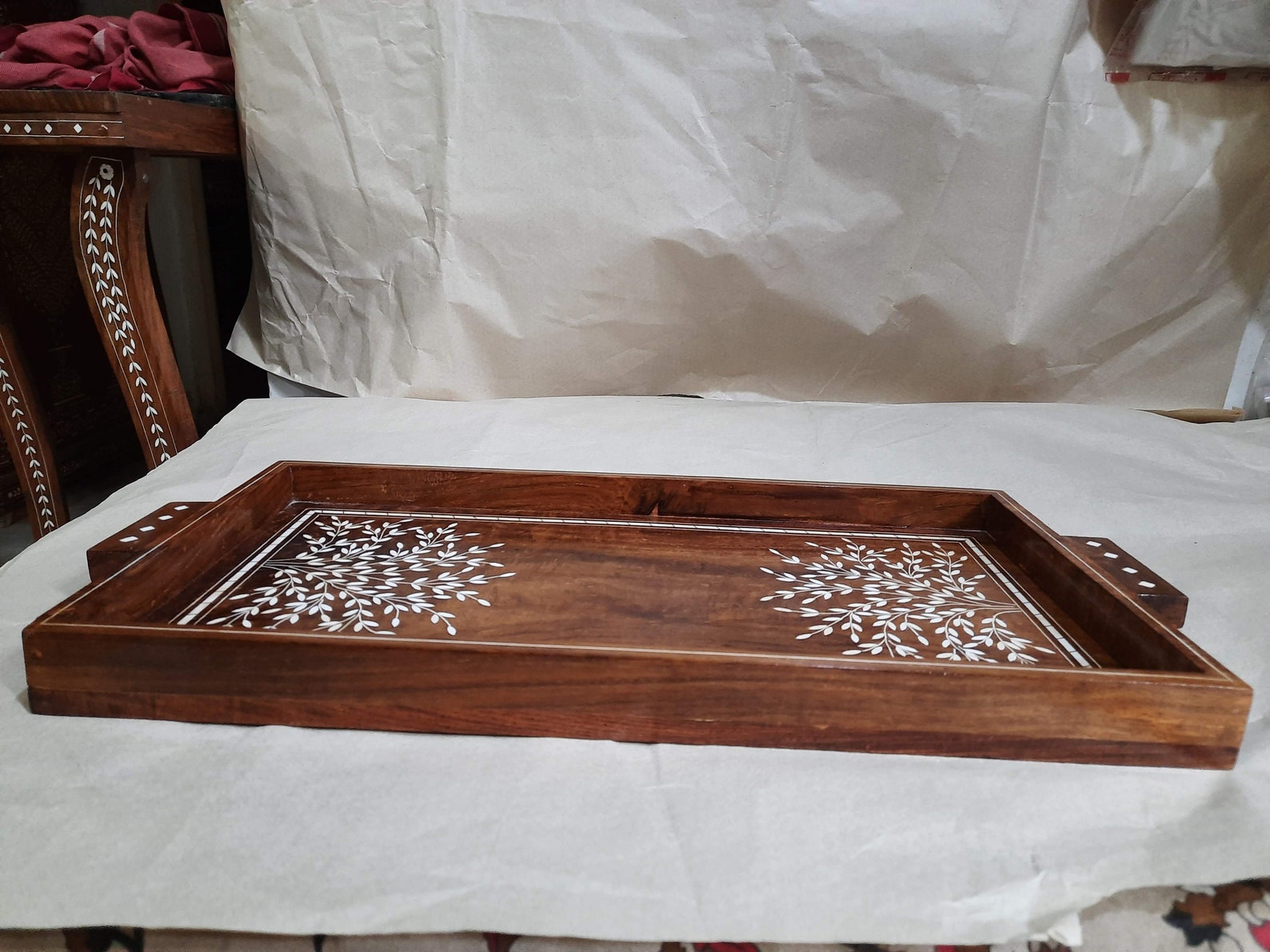 Handcrafted Wooden Serving Tray With Elegant Inlay Design - Etsy