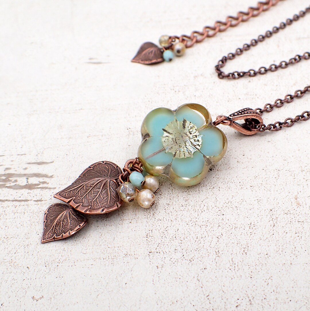 Czech Glass Pendant Necklace With Artisan Table-cut Flower Beads, Mint ...