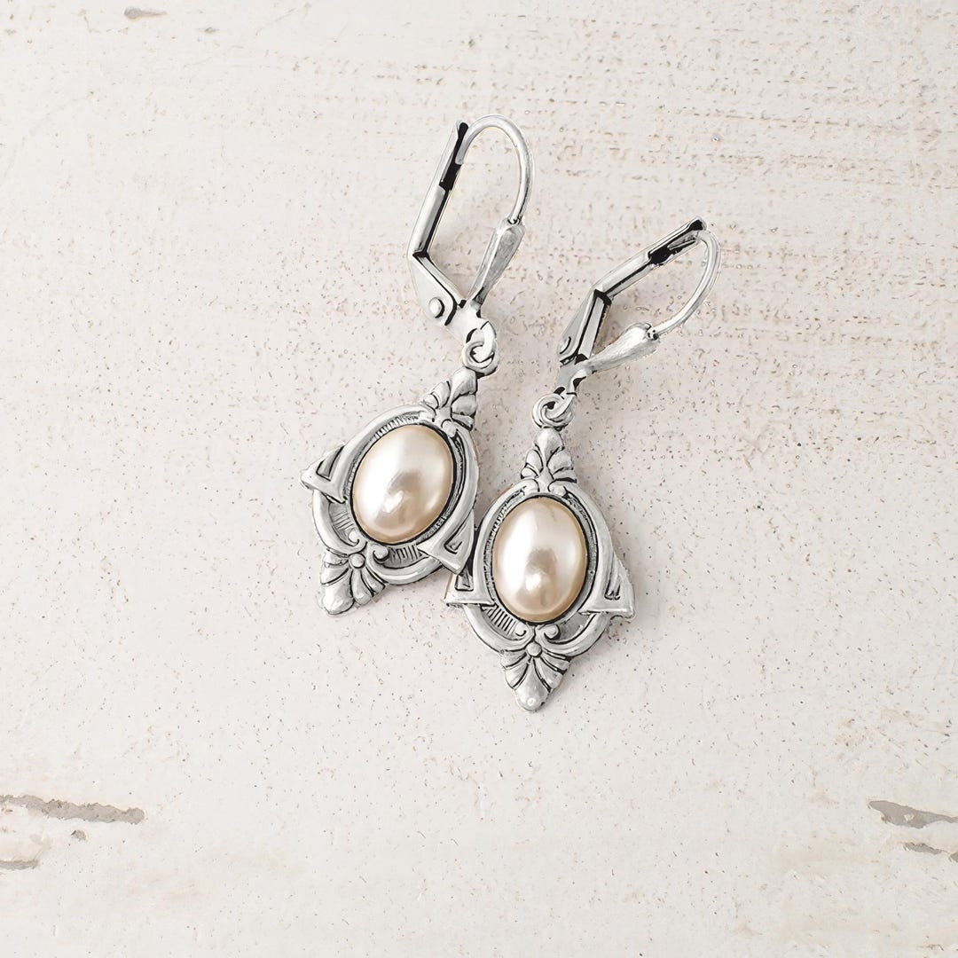 Art Deco Style Ivory-colored Pearl Cabochon Earrings, Antiqued Silver ...