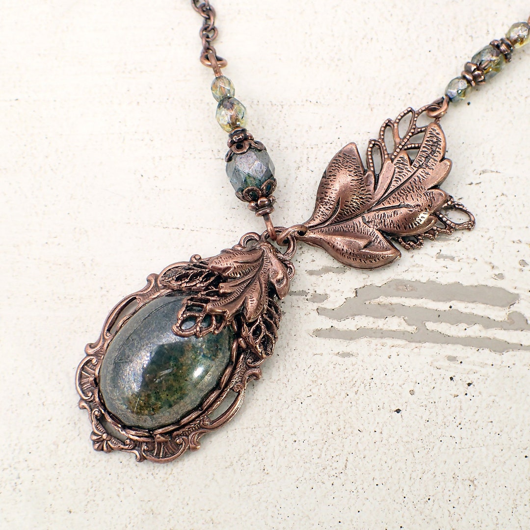 Woodland Green Cabochon Necklace With Leaves and Czech Glass - Antique ...