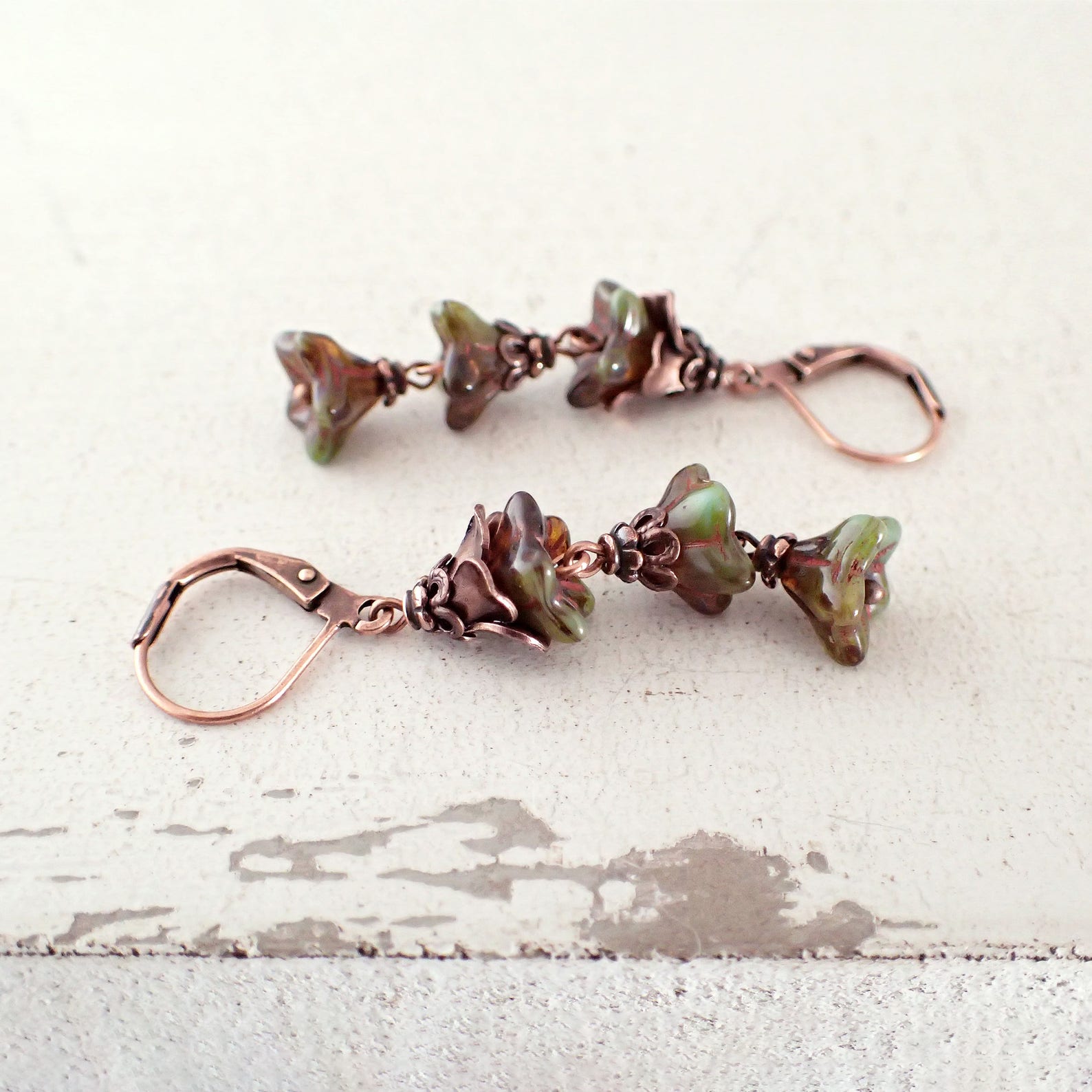 Rustic Woodland Flower Earrings Handmade With Olive Green and - Etsy