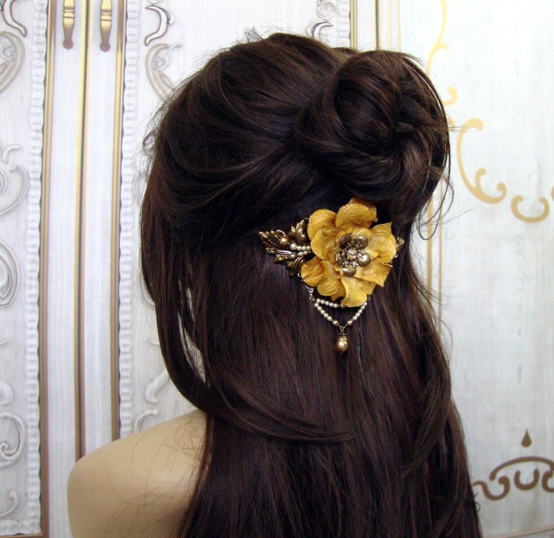 Marigold Yellow Flower Hair Piece Crystal Beaded Barrette - Etsy