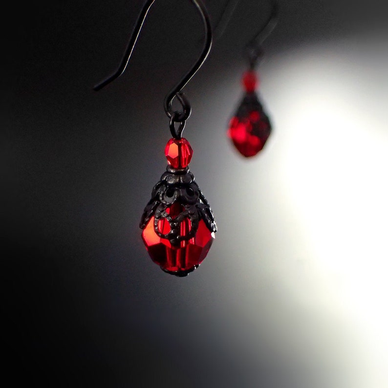 Gothic Victorian Blood Red Crystal Earrings With Black Brass | Etsy