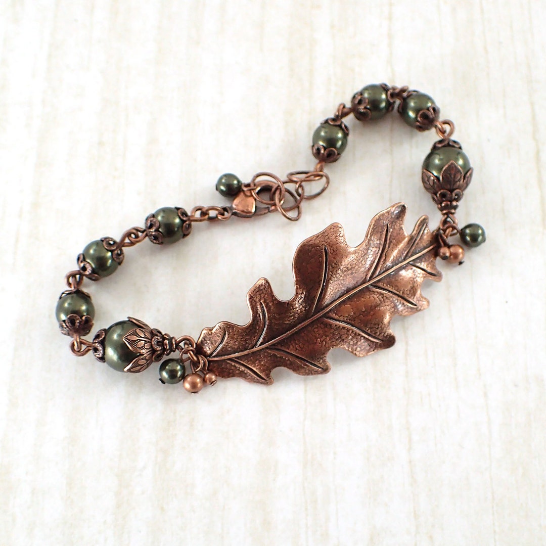 Nature Jewelry - Dark Green Woodland Bracelet - Pearl Copper Oak Leaf ...
