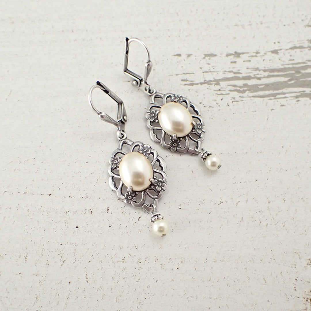 Ivory Pearl Cabochon Lever Back Earrings With Antiqued Silver Filigree ...