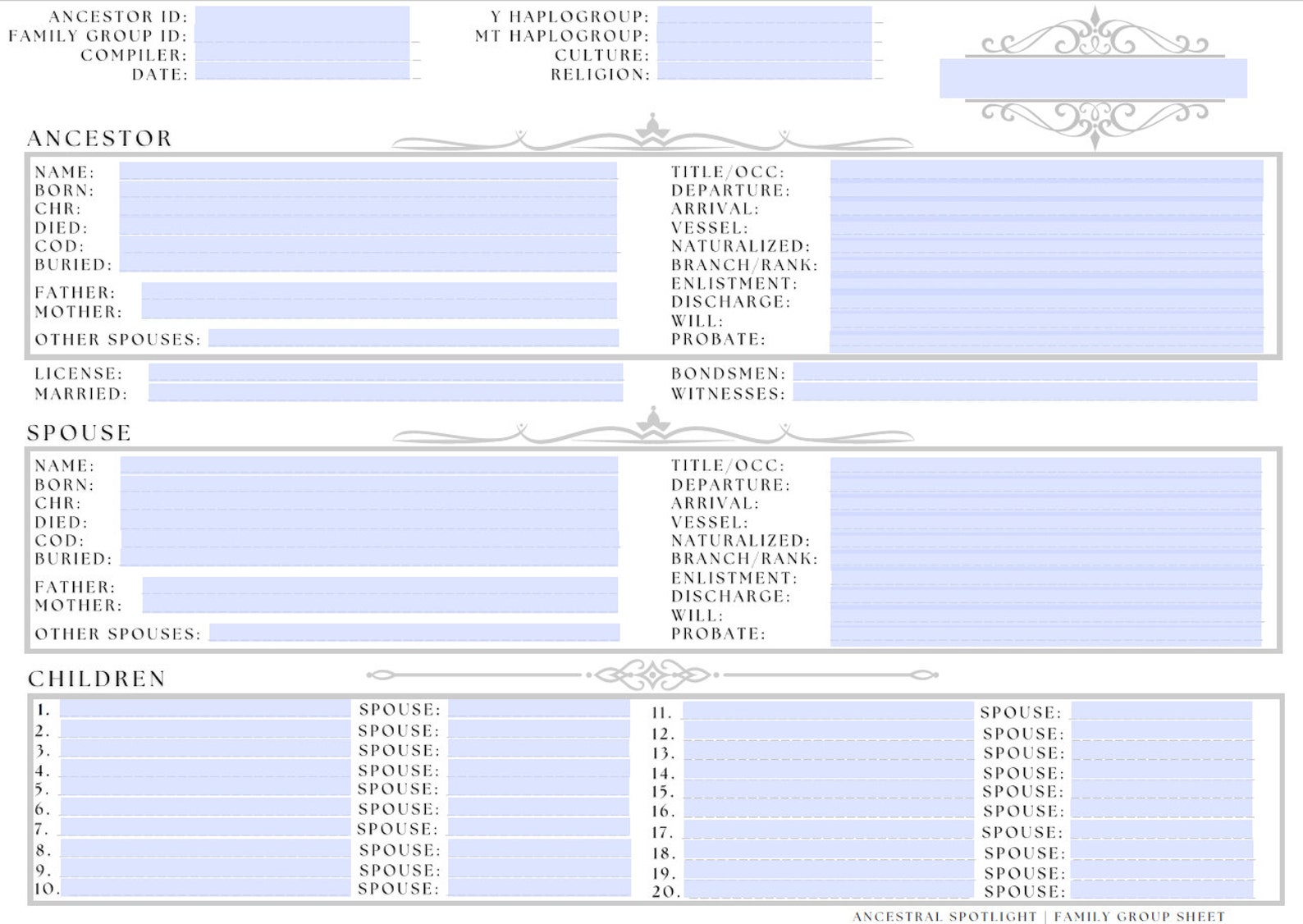 Family Group Sheet + Research Log X2 + 5 Generation Pedigree Chart ...