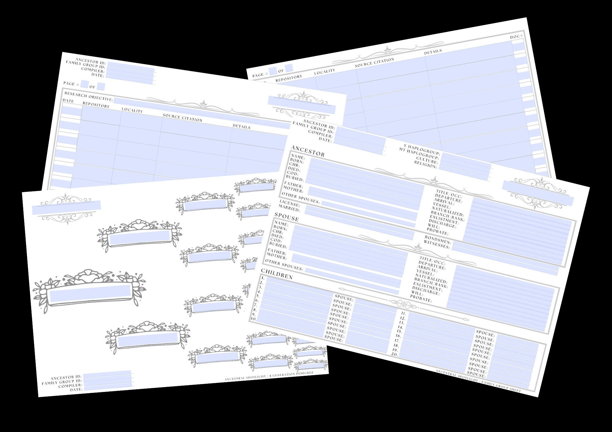 Family Group Sheet + Research Log X2 + 5 Generation Pedigree Chart ...