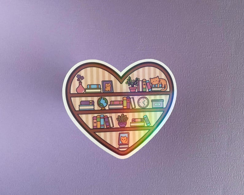 Heart Library Sticker: Cozy Reader Bookshelf Cat Art (3") - Etsy