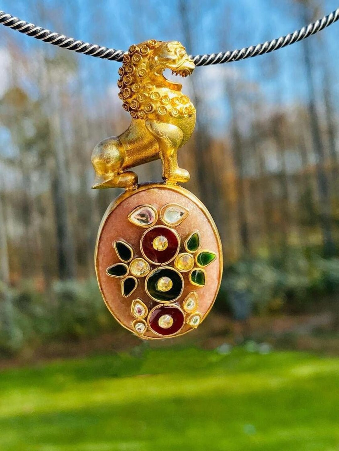 Rose Quartz Inlay Work Sterling Pendant With Lion on Top in a Twisted ...