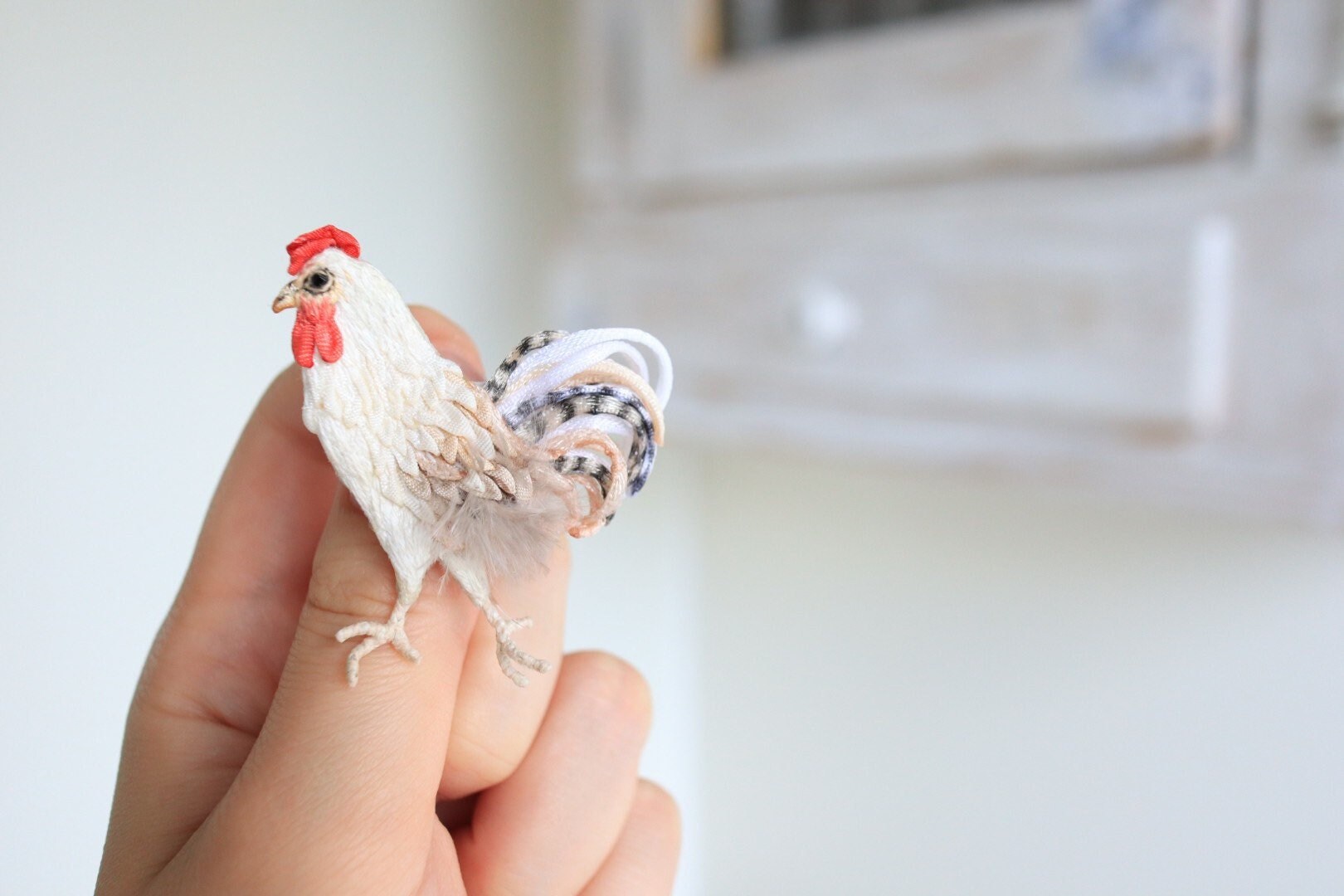 White Realistic Hand Embroidered Rooster Brooch - Etsy