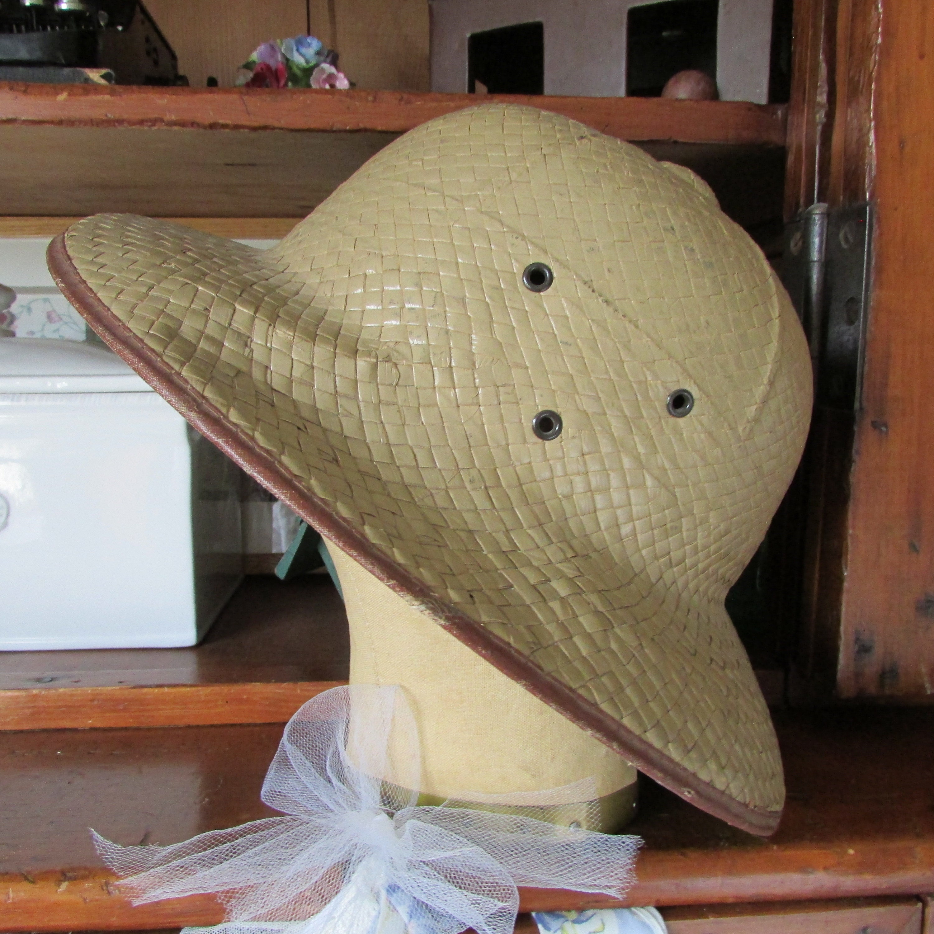 Woven Straw Pith Helmet Safari Hat Adjustable Sizing Taupe Green ...