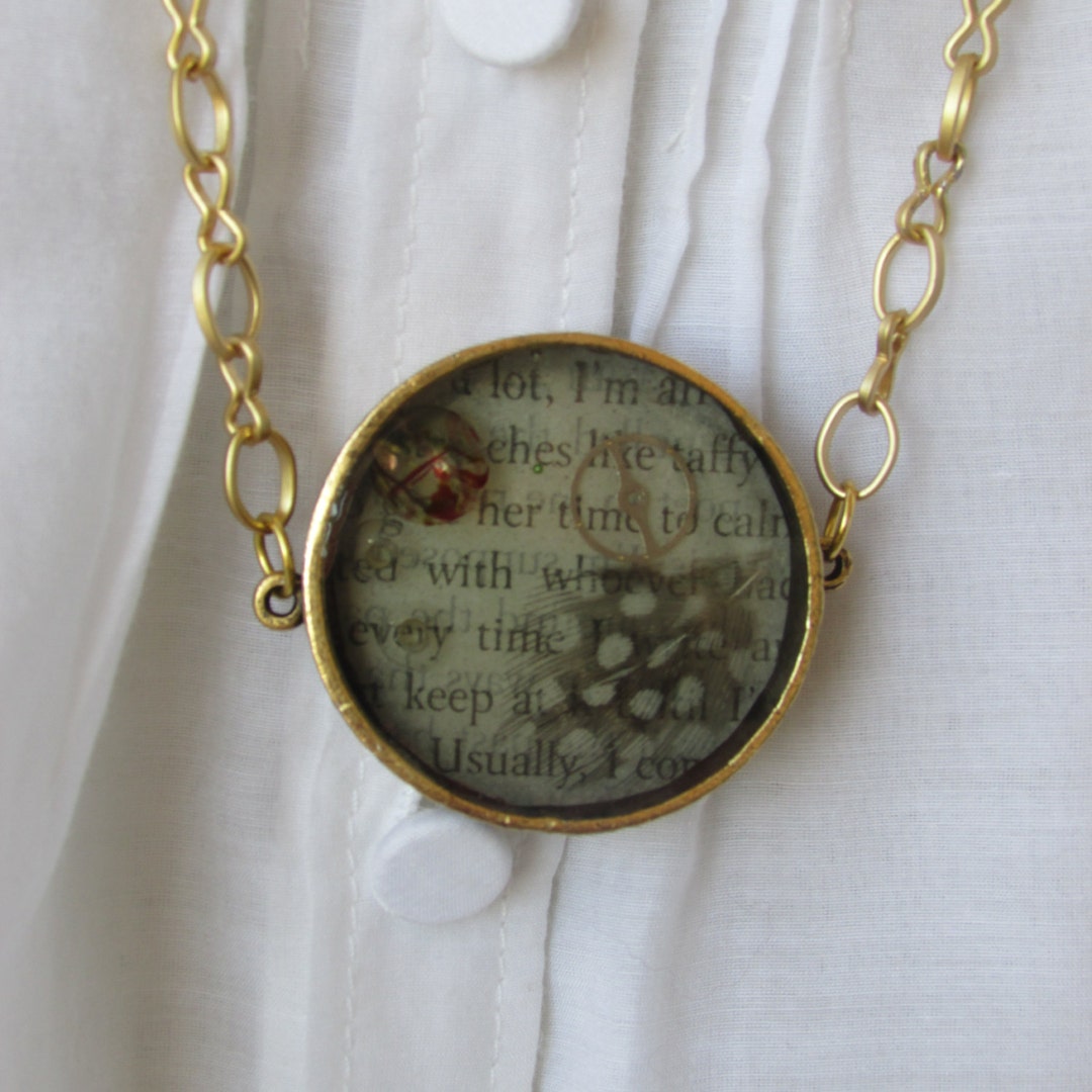 Resin Necklace, Vintage Book Page, Feather, Watch Parts, 36 Inch Chain ...