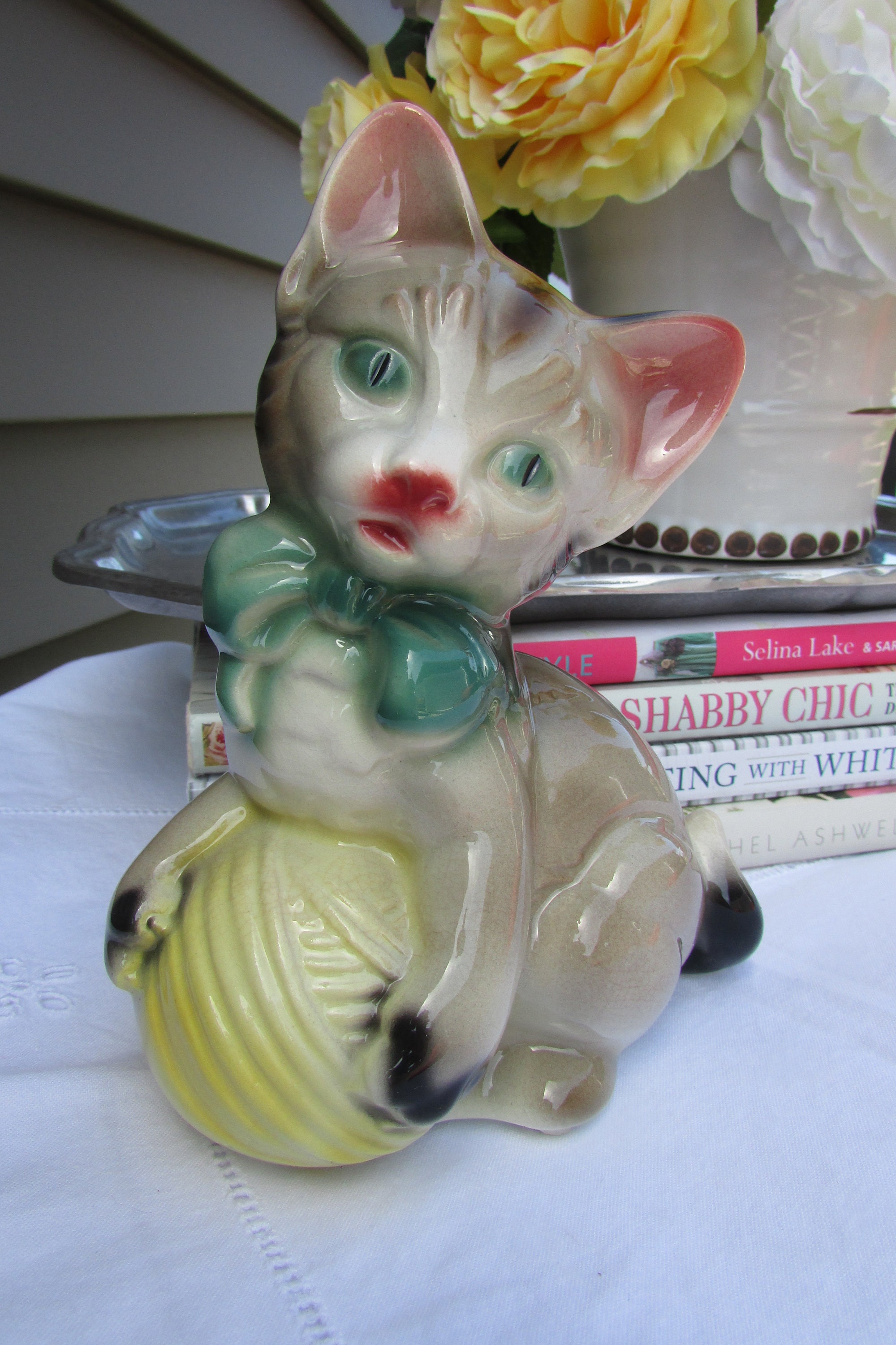 Ceramic Porcelain Cat Kitten Figurine Green Bow with Yarn Ball | Etsy